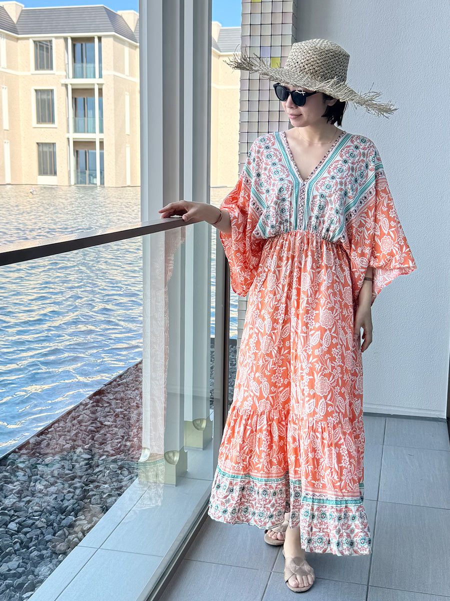 romy by the sea(ルーミーバイザシー)大人花柄オレンジマキシワンピース | リゾートワンピース通販CANBE（キャンビー）